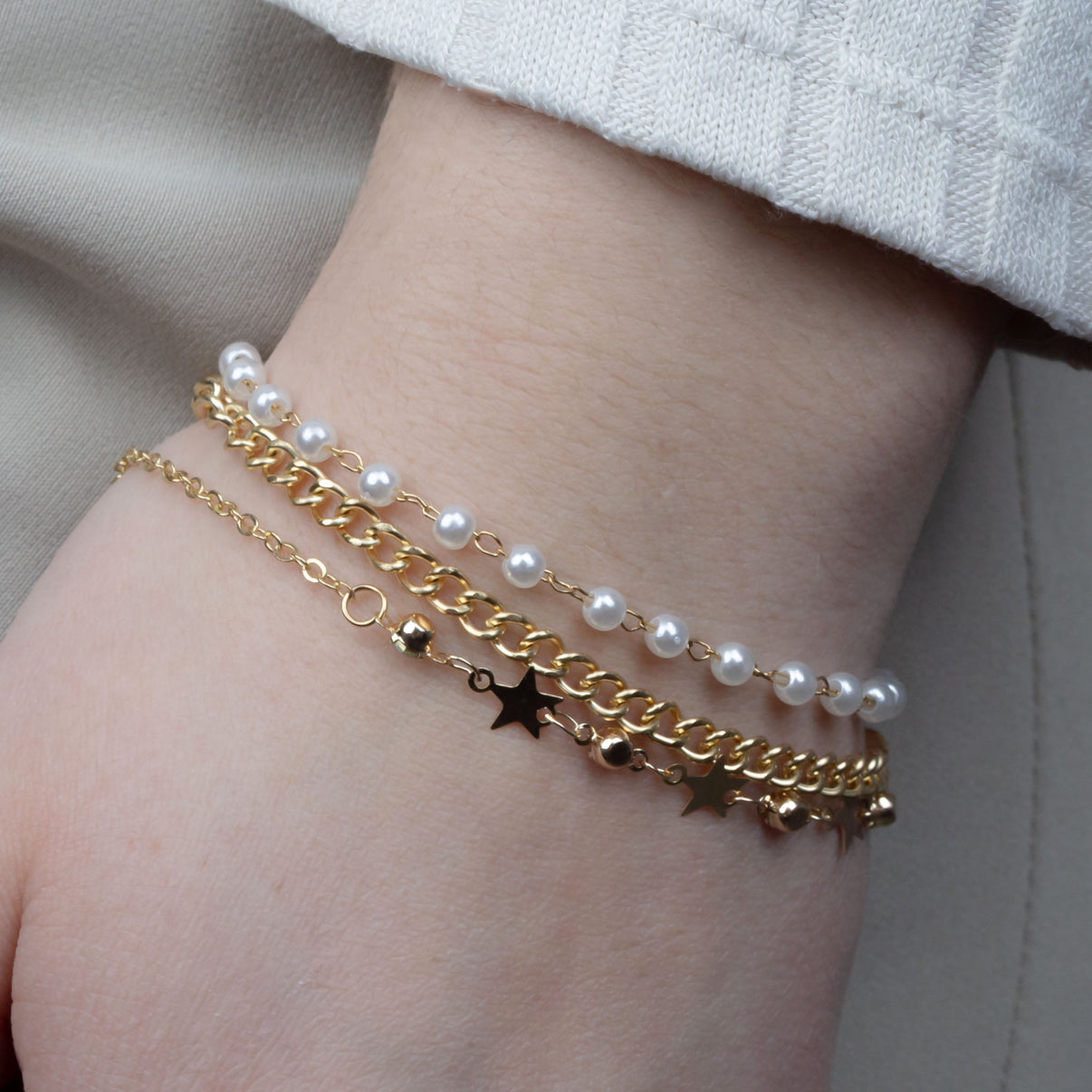 Bratari Reglabile cu Lant, Bilute si Stele, Set 3 Buc - Auriu | Rossetti